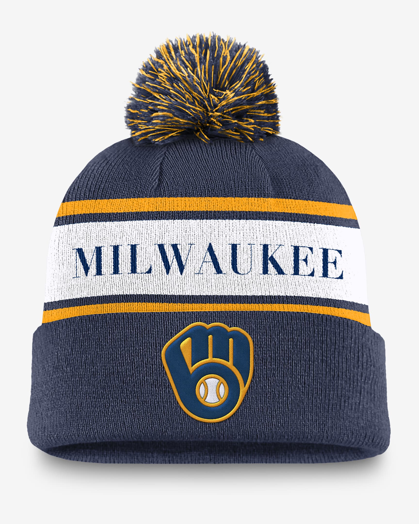 Milwaukee Brewers Team Stripe Peak Men's Nike MLB Cuffed Pom Beanie ...
