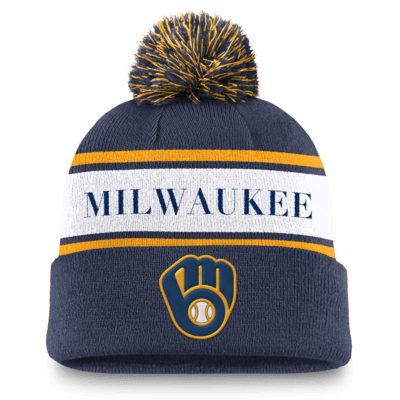 Milwaukee Brewers Team Stripe Peak Men S Nike Mlb Cuffed Pom Beanie