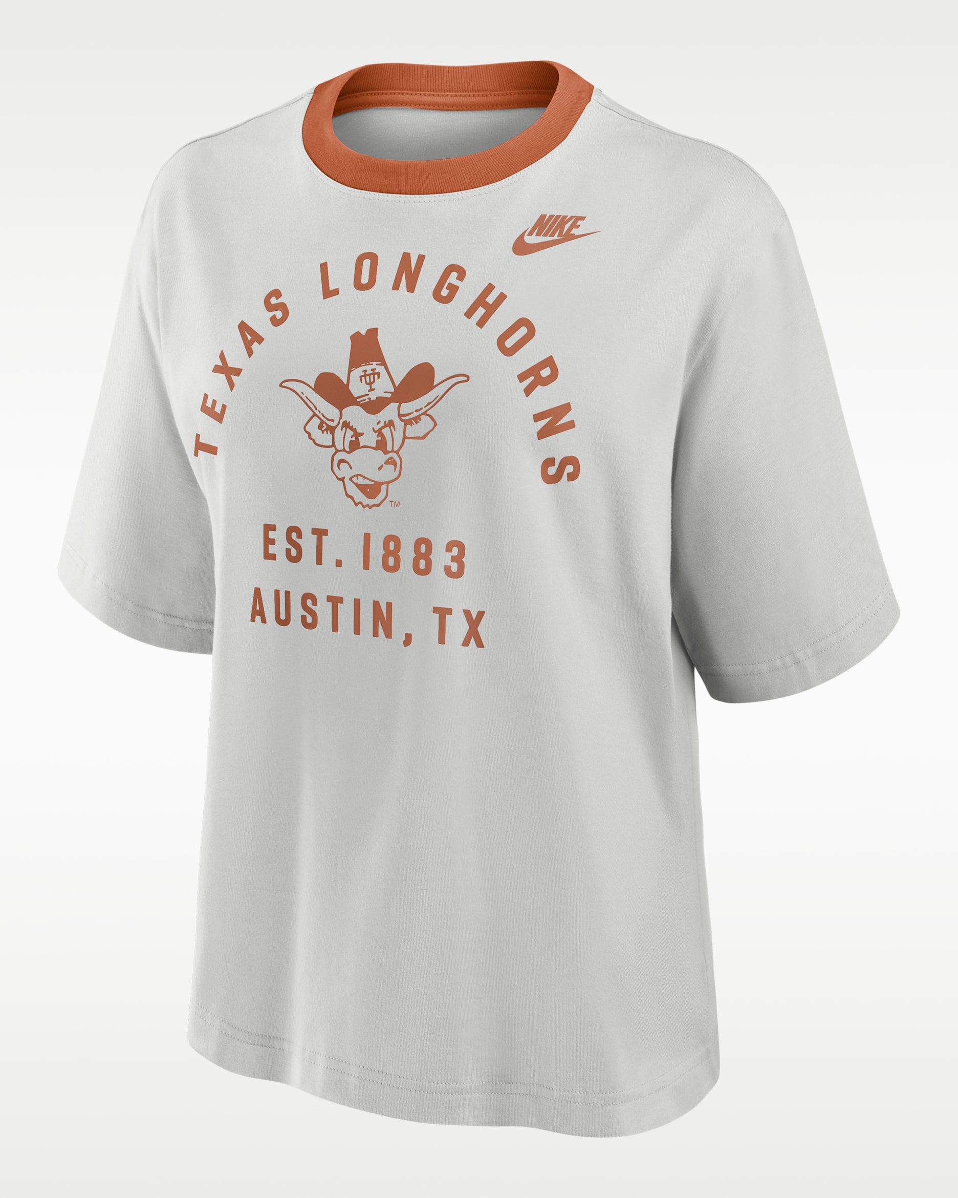 Playera universitaria Nike para mujer Texas Legacy Arch Script Boxy ...