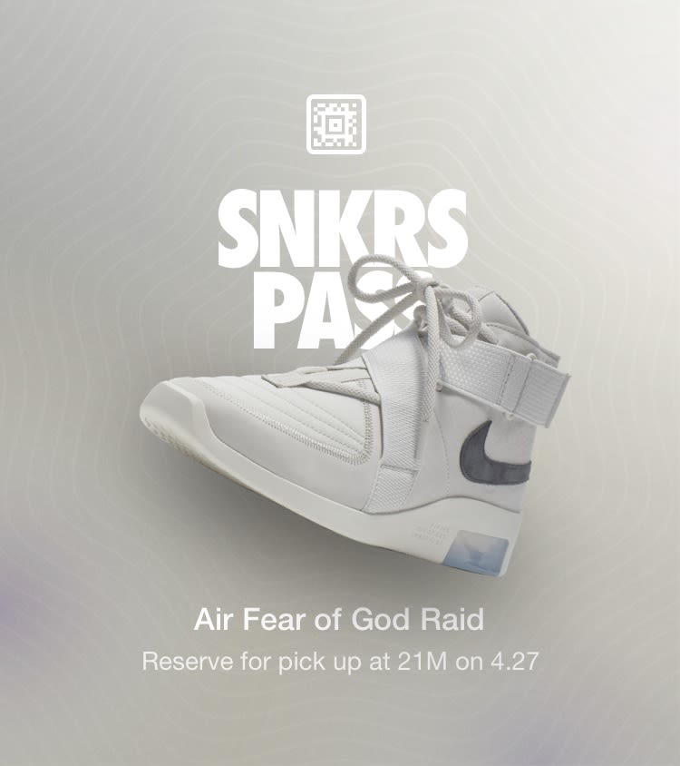 SNKRS Pass: Air Fear of God Raid Light Bone' 21 Mercer. Nike SNKRS